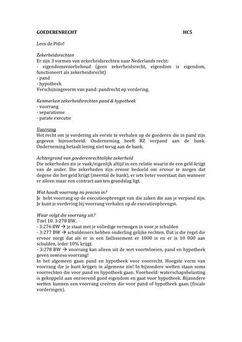 College Aantekeningen 5 Goederenrecht GOEDERENRECHT HC Lees De Pitlo
