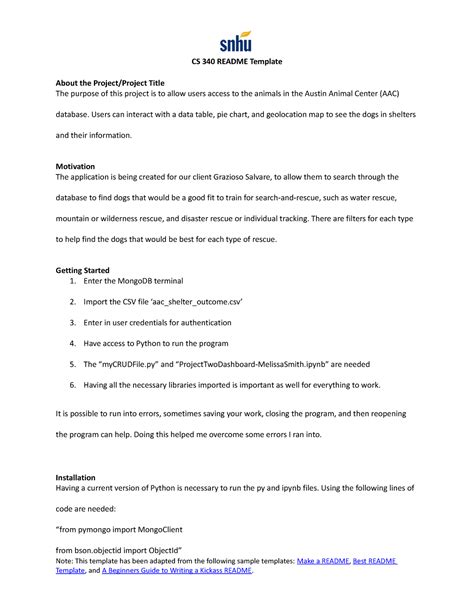 Cs 340 Project Two Readme Template Cs 340 Readme Template About The
