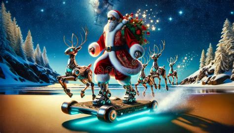 Santa On A Hoverboard With Robotic Reindeer Amidst Snowy Mountains And