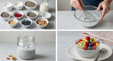 preparing creamy chia seed pudding with berries and nuts a step by