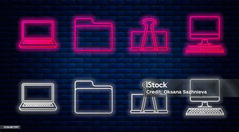 설정 라인 문서 폴더 바인더 클립 노트북 및 키보드와 컴퓨터 모니터 벽돌 벽에 빛나는 네온 아이콘입니다 벡터 0명에 대한 스톡 벡터 아트 및 기타 이미지 Istock