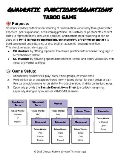 Quadratic Equations And Functions Taboo Game By Chelsea Roberts Bgta Math