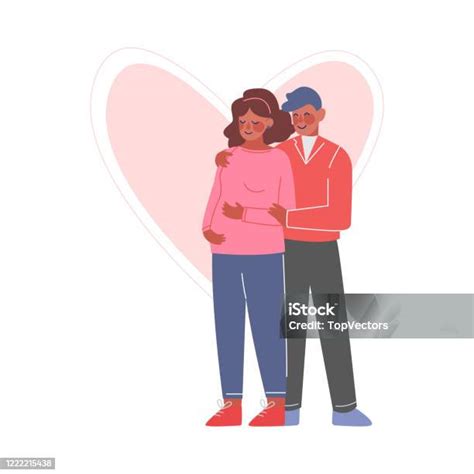 คู่ครอบครัวคาดหวังทารกชายหนุ่มโอบกอดภรรยาตั้งครรภ์ของเขาและสัมผัสภาพประกอบเวกเตอร์ท้อ ภาพประกอบ