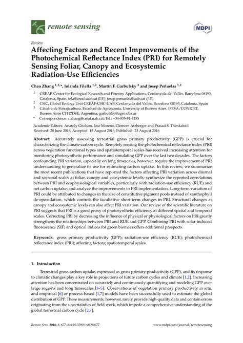 Pdf Affecting Factors And Recent Improvements Of The Photochemical Reflectance Index Pri For