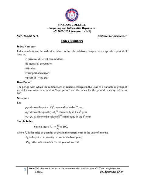 Chapter 4 Index Numbers Computing And Informatics Department AY Stat