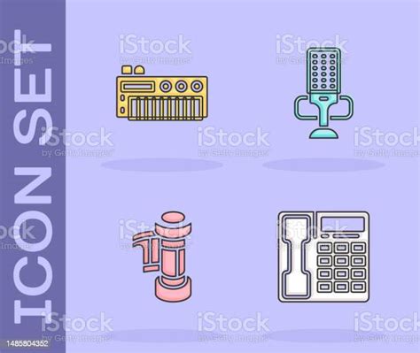 전화 송수화기 음악 신디사이저 카메라 롤 카트리지 및 마이크 아이콘을 설정합니다 벡터 고풍스런에 대한 스톡 벡터 아트 및 기타 이미지 고풍스런 굴리기 녹음 장비