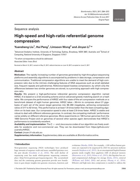 Pdf High Speed And High Ratio Referential Genome Compression