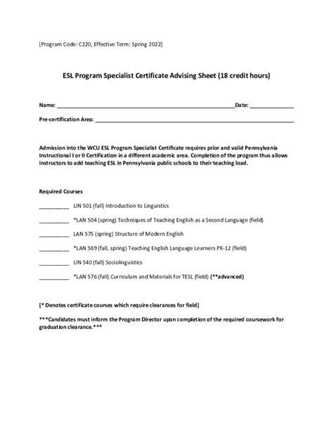 Fillable Online Esl Program Specialist Certificate Advising Sheet 18