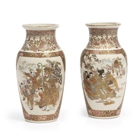 Bonhams Skinner Pair Of Satsuma Glazed Porcelain Vases