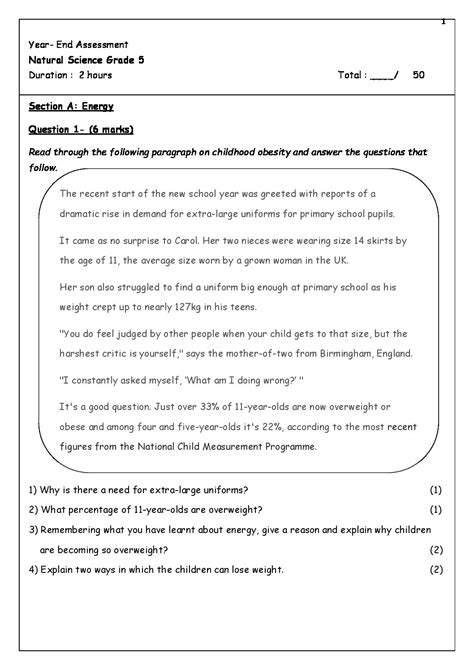 Grade 5 Natural Science Year End Exam And Answers • Teacha Worksheets Library