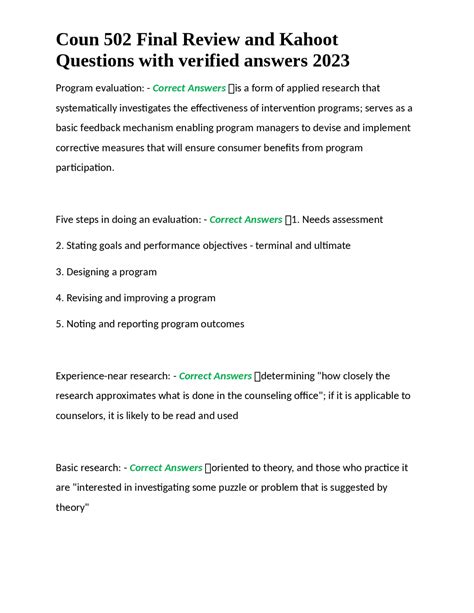 Coun 502 Final Review And Kahoot Questions With Verified Answers 2023