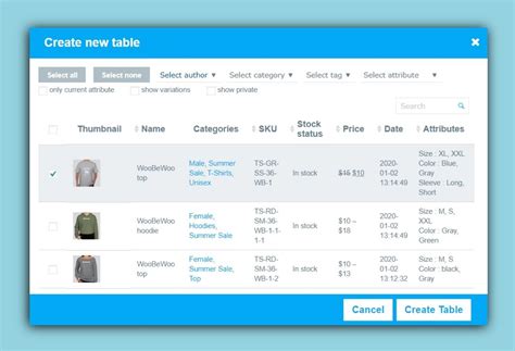 product table for woocommerce woocommerce