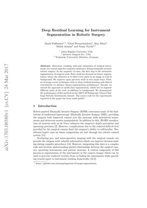 Pdf Deep Residual Learning For Instrument Segmentation In Robotic Surgery