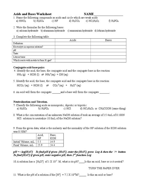 Acid And Base Worksheet 1 07 08 Ans Key Pdf Acid Chemical
