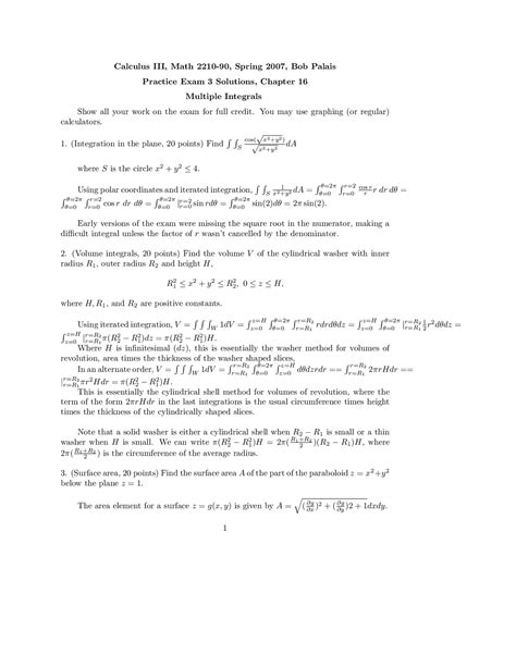 Solved Practice Exam 3 For Calculus Iii Fall 2007 Math 2210 Docsity