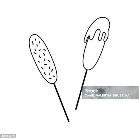 만화 옥수수 개 패스트 푸드 낙서 핫도그 길거리 음식 개념 라인 아트 스케치 템플릿을 간략하게 설명합니다 흑백 아이콘입니다