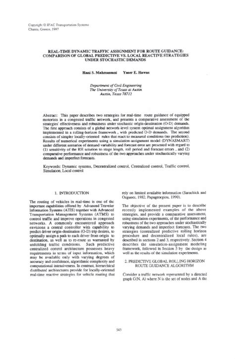 Pdf Real Time Dynamic Traffic Assignment For Route Guidance Comparison Of Global Predictive