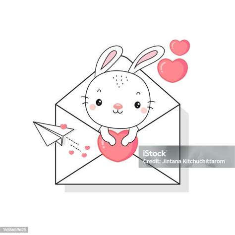 심장이 있는 봉투에 귀여운 토끼 발렌타인 데이에 대 한 만화 캐릭터 디자인 귀여운에 대한 스톡 벡터 아트 및 기타 이미지