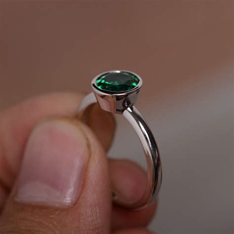 Lab Emerald Ring Gemstone Ring Sterling Silver Ring Bezel Ring Etsy