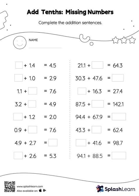 Add Tenths Missing Numbers Math Worksheets Splashlearn