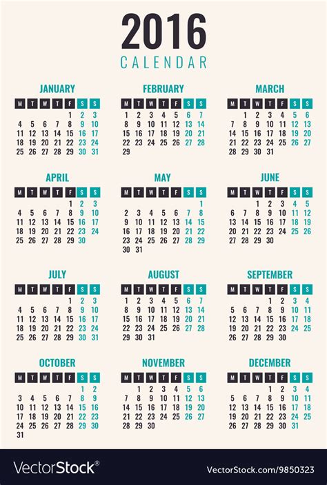 Calendar For 2016 Week Starts Monday Simple Vector Image