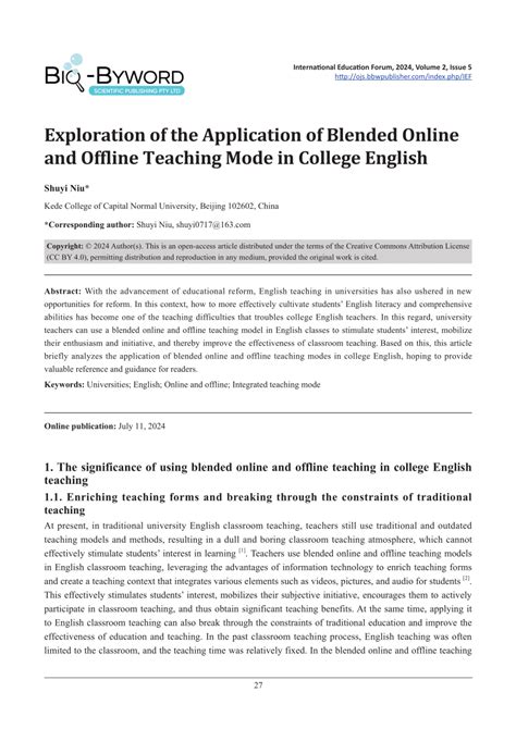Pdf Exploration Of The Application Of Blended Online And Offline Teaching Mode In College English