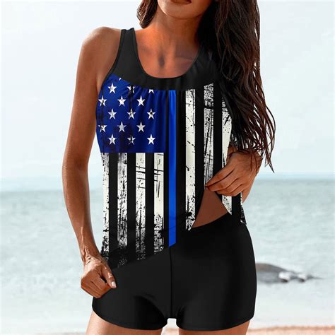 Mode24 Swimsuits For Women 2024 Patriotic American Flag Beachwear Modest Two Piece Swimsuits
