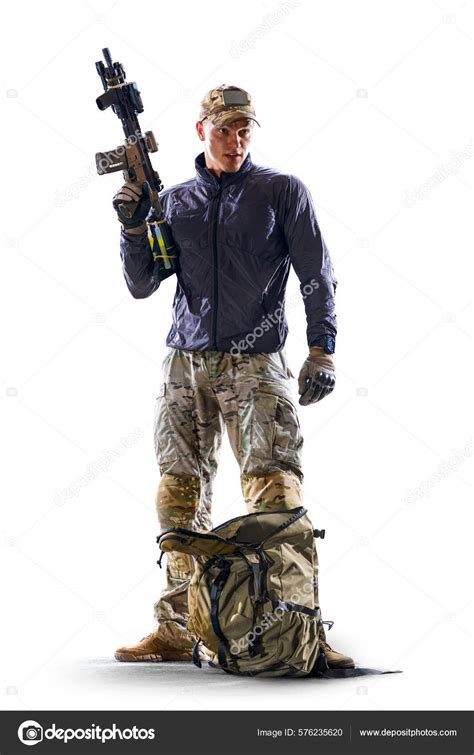 Soldado Forças Especiais Com Armas Suas Mãos Sobre Fundo Branco — Foto