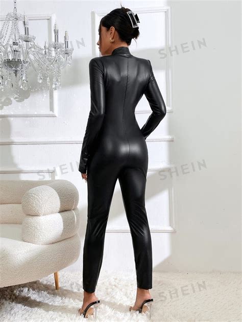 Shein Priv Zip Up Pu Leather Unitard Bodycon Jumpsuit Shein Uk
