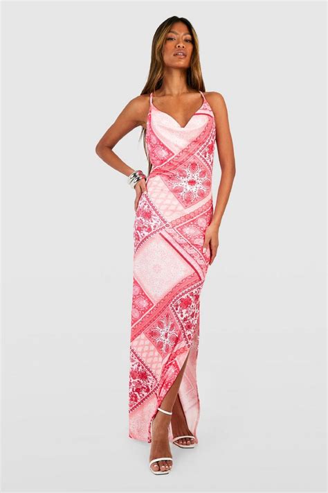 Scarf Print Cowl Neck Split Maxi Dress Boohoo Uk