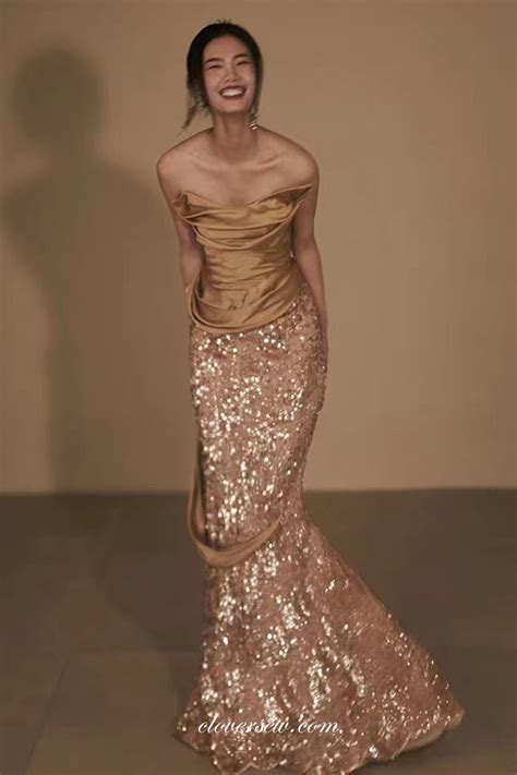 Shiny Gold Satin And Sequin Strapless Mermaid Sparkly Prom Dresses Cp