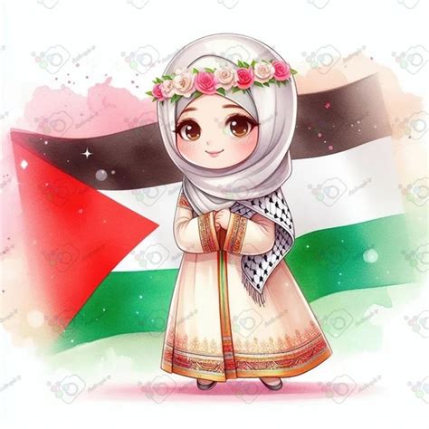 خرید و قیمت بک گراند کودکانه دختر ناز با حجاب با چفیه و پس زمینه پرچم فلسطین کد 41174 ویژه عکس