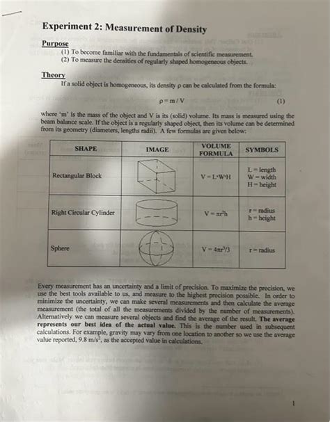 Solved Experiment 2 Measurement Of Density Purpose 1 To