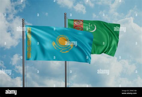 Turkmenistan And Kazakhstan Flag Waving Together In The Wind On Blue