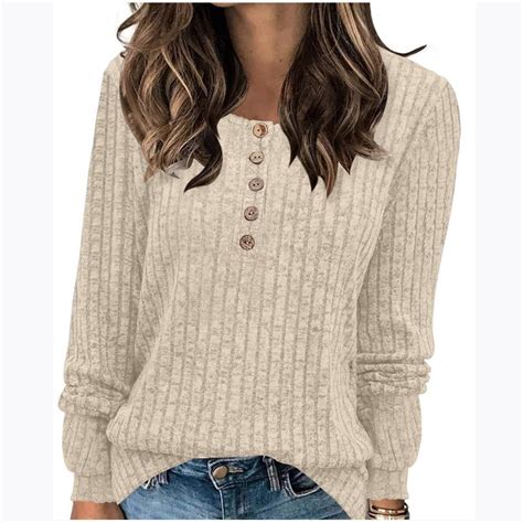 Aunvito Fashion Womens Winter Casual Solid Round Neck Long Sleeve