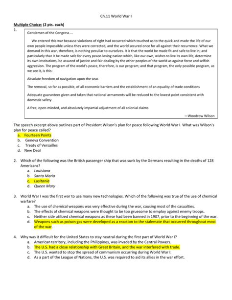 World War I Test Key Events Figures And Concepts