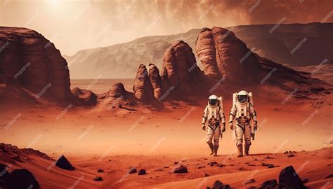 Astronautas En Marte Astronautas Caminando Sobre El Planeta Rojo