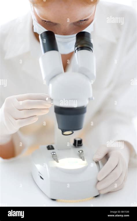 Microscope Laboratory Woman Medical Research Chemist Experiment Shallow Depth Of Field Stock