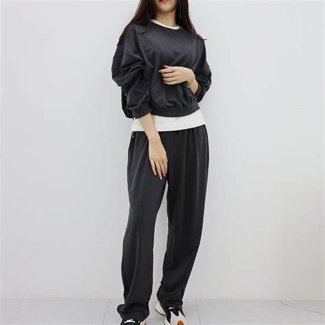 룩온 무지 크롭맨투맨 와이드팬츠 여자트레이닝세트 1color