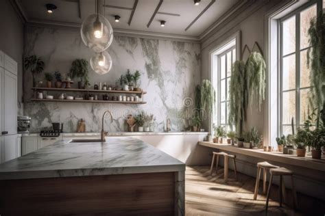 Luxury Kitchen With A Walnut Island And Elegant Marble Countertop Stock