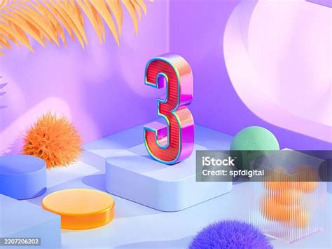 숫자 3 프리젠 테이션을위한 최소한의 추상적 인 다채로운 배경 무지개 빛깔의 홀로그램 둥근 배경에 제품 연단 3d 렌더링 그림 0명에 대한 스톡 사진 및 기타 이미지
