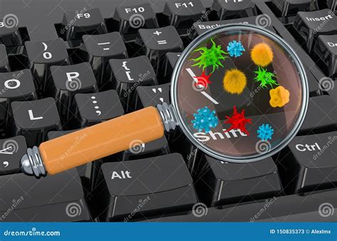 Computer Keyboard With Germs And Bacterias Under Magnifying Glass 3D