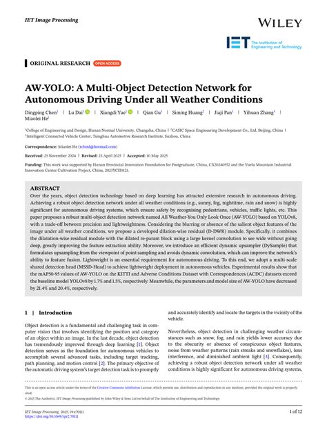 Pdf Aw‐yolo A Multi‐object Detection Network For Autonomous Driving Under All Weather Conditions
