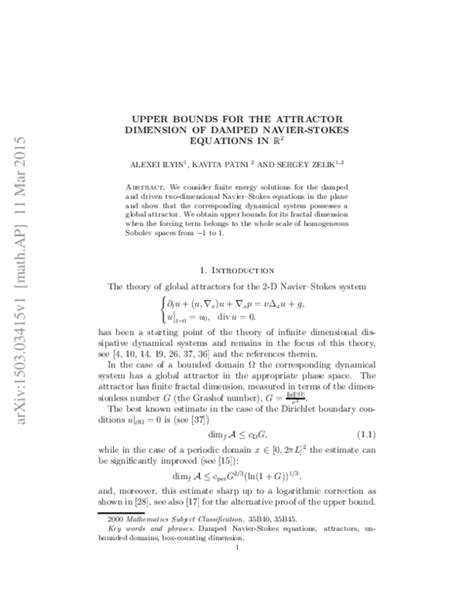 Pdf Upper Bounds For The Attractor Dimension Of Damped Navier Stokes Equations In Mathbb R 2