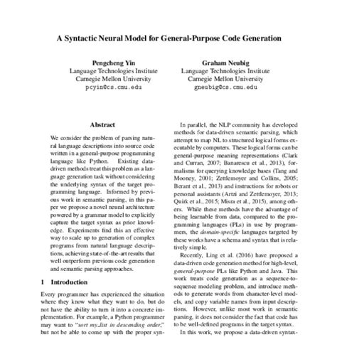 A Syntactic Neural Model For General Purpose Code Generation Acl Anthology