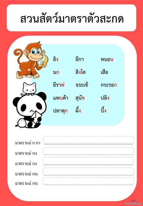 ใบงานเรื่อง มาตราตัวสะกด แม่ กง Interactive Worksheet Topworksheets