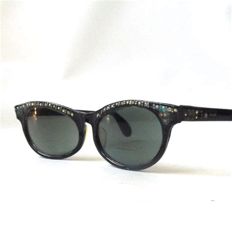 Vintage 1950s Cat Eye Eyeglasses Rhinestones Black Plastic Frames