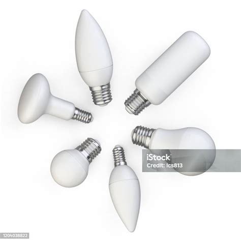 다양한 모양과 크기의 Led 효율 에너지 전구 세트 절전 램프 원 상단 뷰에 누적됩니다 0명에 대한 스톡 사진 및 기타 이미지
