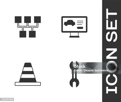 렌치 스패너 기어 시프터 교통 콘 및 자동차 아이콘의 진단 상태를 설정합니다 벡터 건설 산업에 대한 스톡 벡터 아트 및 기타 이미지 건설 산업 경계 표지 계기판 차량