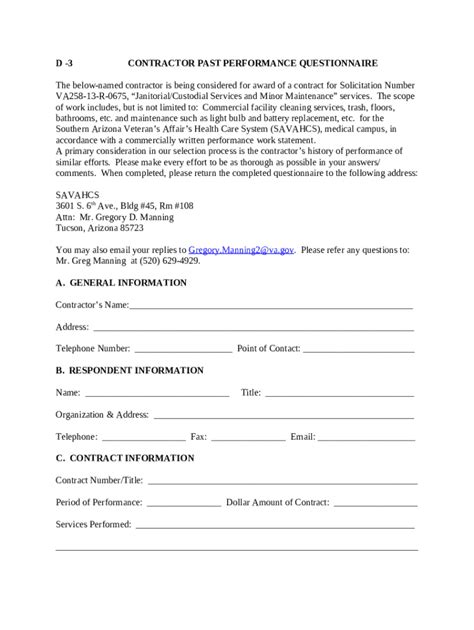 Contractor Past Perance Questionnaire Doc Template Pdffiller